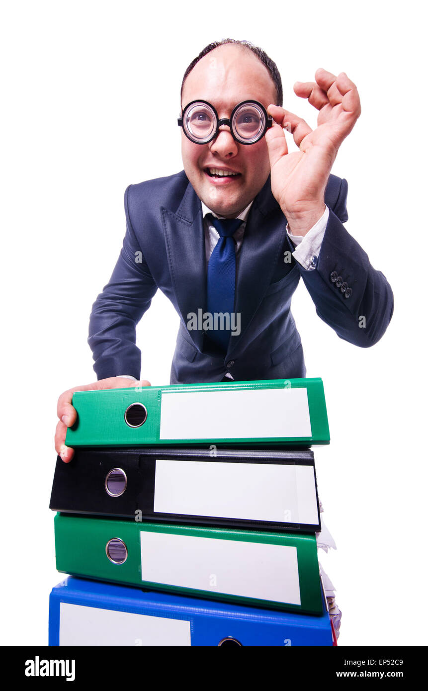Funny man with lots of folders on white Stock Photo - Alamy