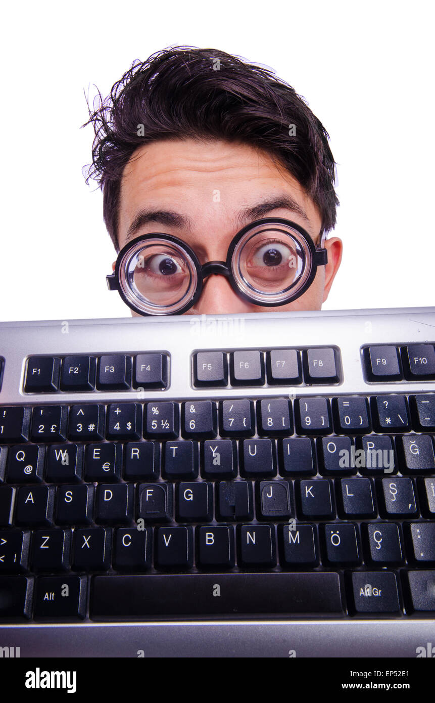Funny computer geek isolated on white Stock Photo - Alamy