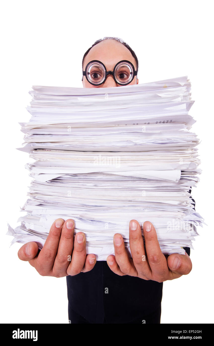 Funny man with lots of folders on white Stock Photo - Alamy