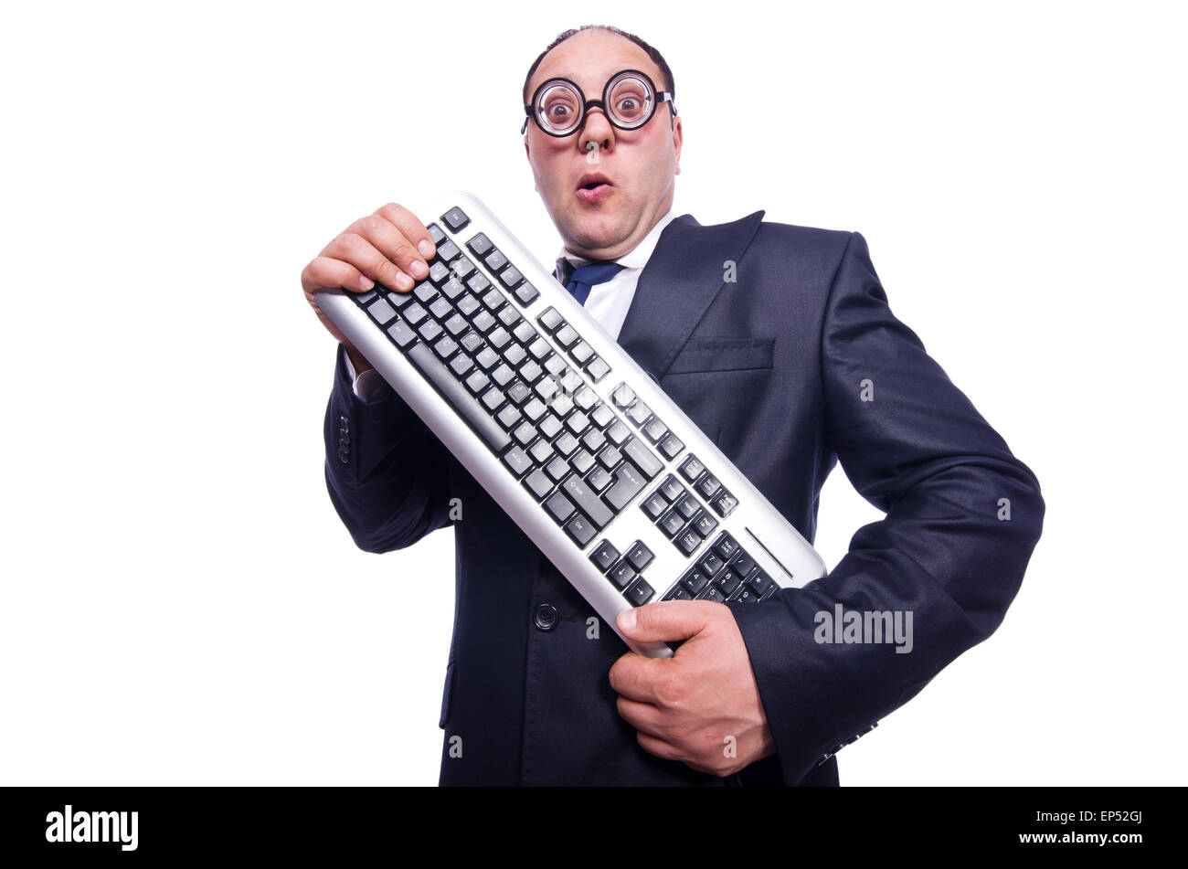 Nerd businessman with computer keyboard on white Stock Photo - Alamy