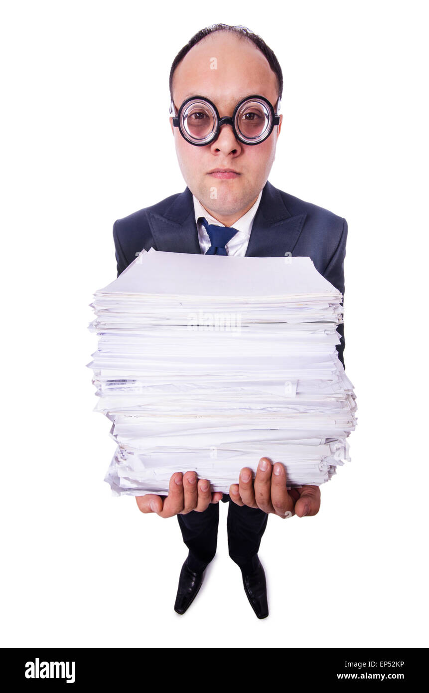 Funny man with lots of folders on white Stock Photo - Alamy