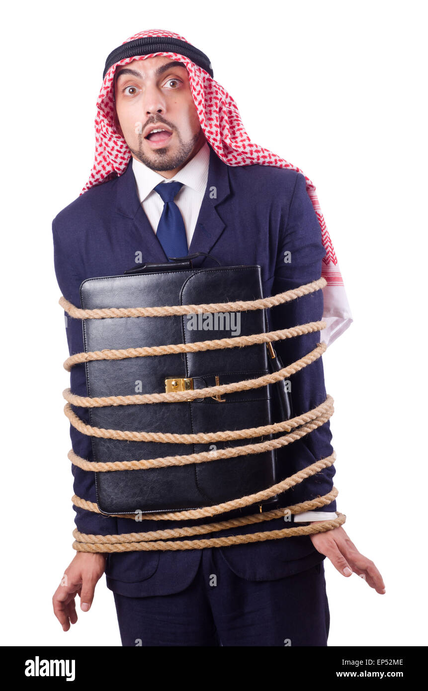 Arab man tied up with rope on white Stock Photo - Alamy