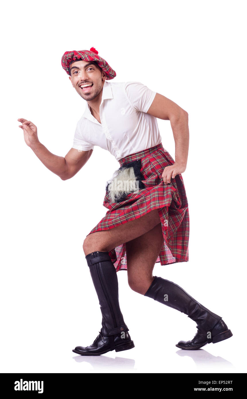 Scottish man dancing on white Stock Photo - Alamy