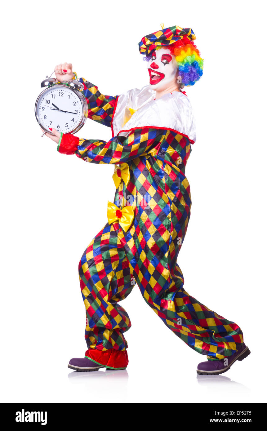 Clown with clock on white Stock Photo - Alamy