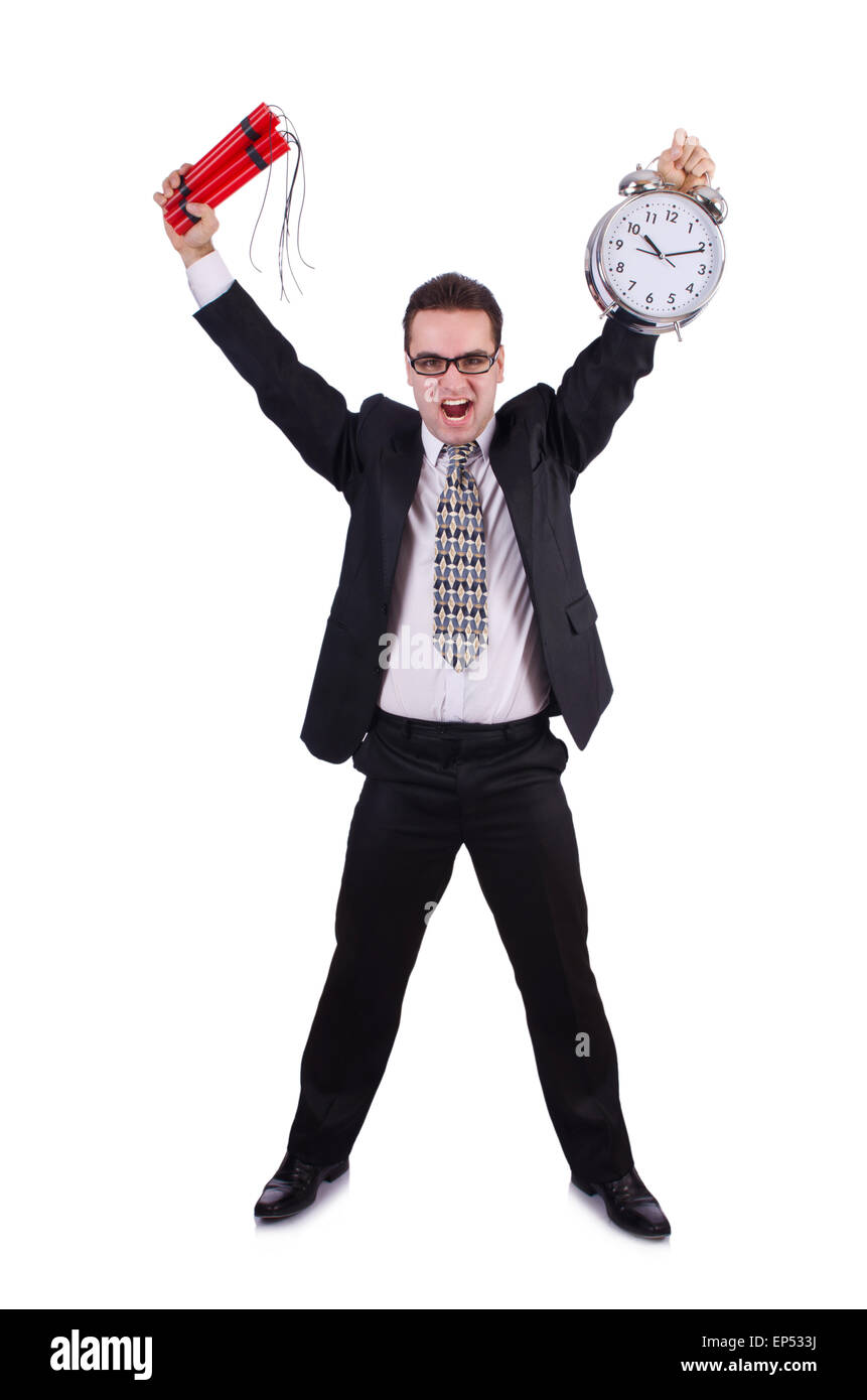 Man with time bomb isolated on white Stock Photo - Alamy