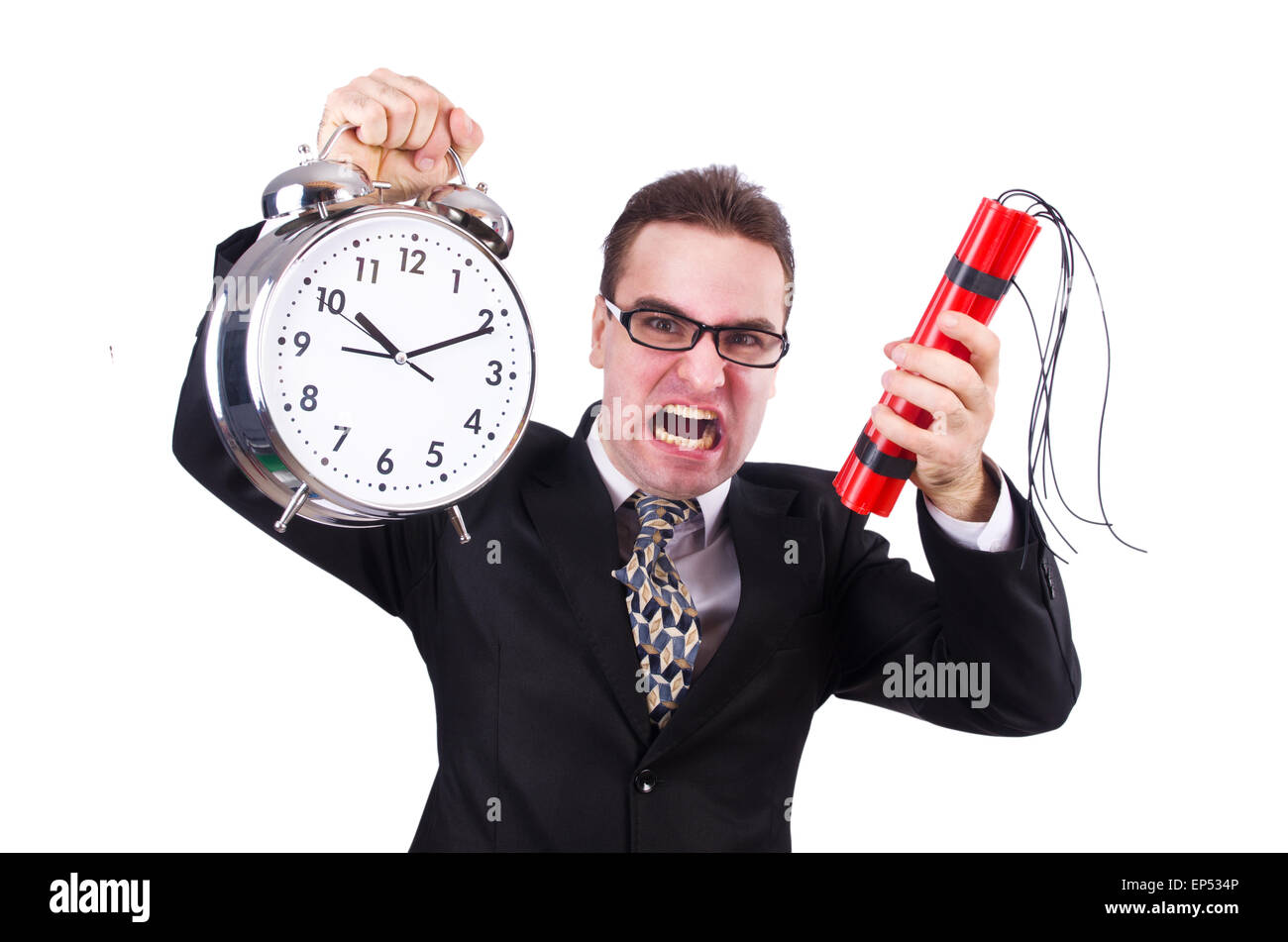 Man with time bomb isolated on white Stock Photo - Alamy
