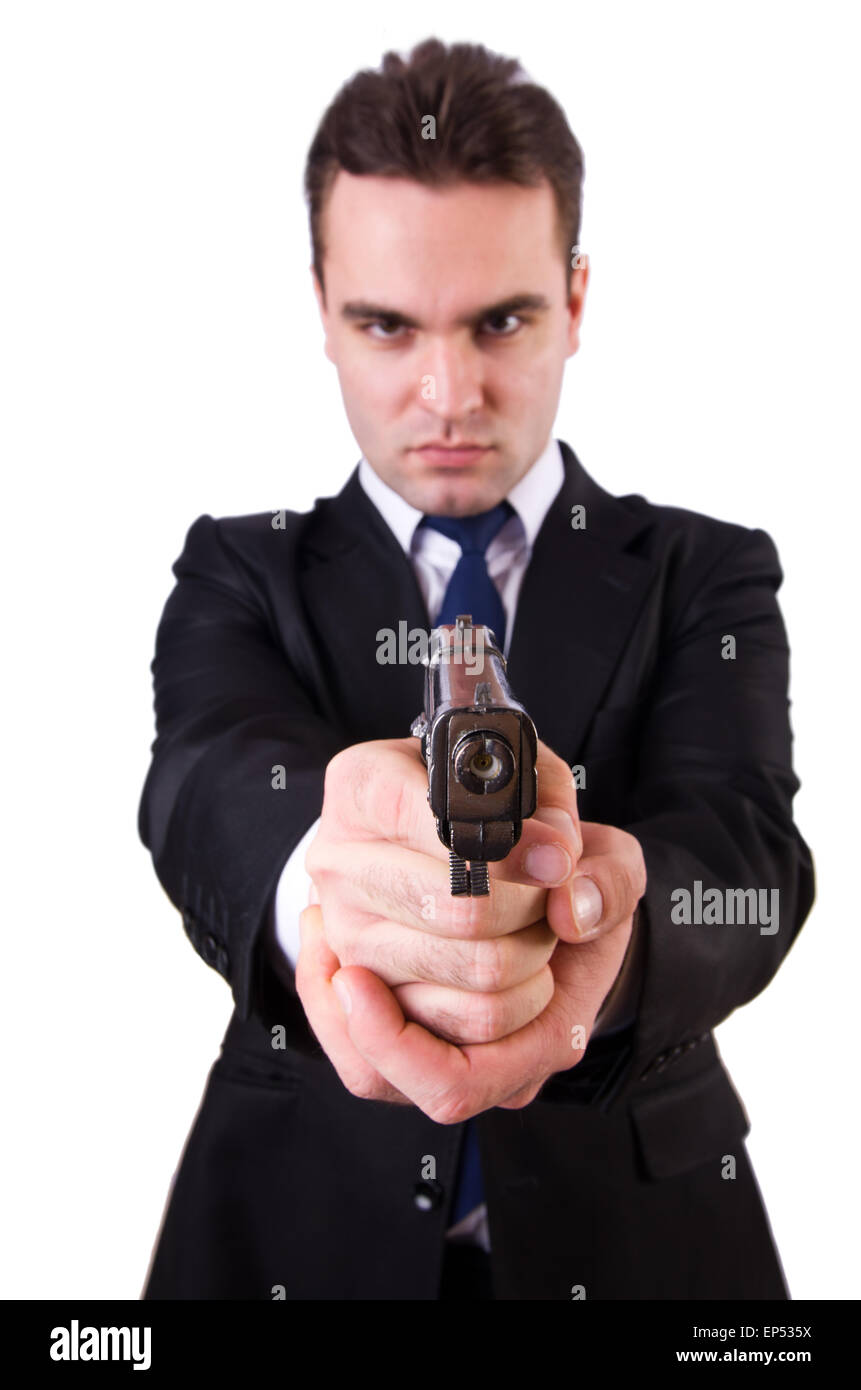 Businessman with gun isolated on white Stock Photo - Alamy