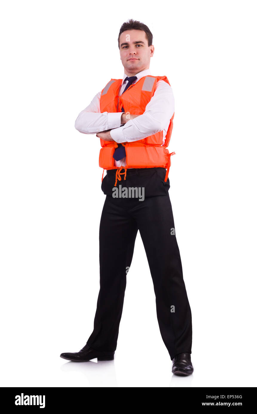 Businessman with rescue safety vest on white Stock Photo - Alamy