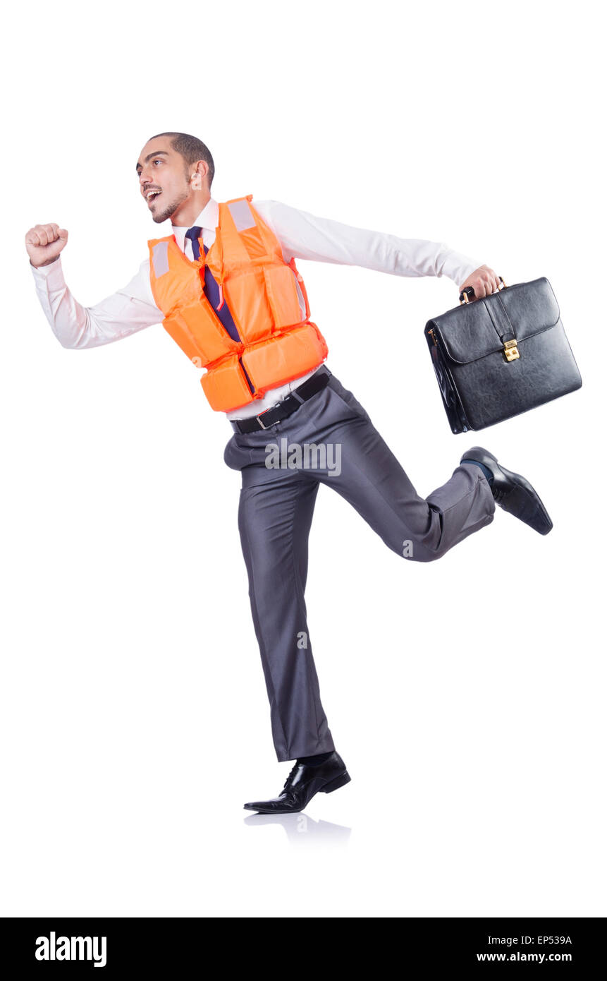 Man in life jacket isolated on white Stock Photo - Alamy