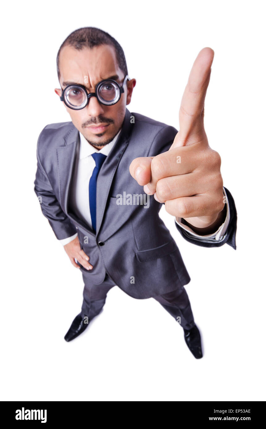 Funny nerd businessman isolated on white Stock Photo - Alamy