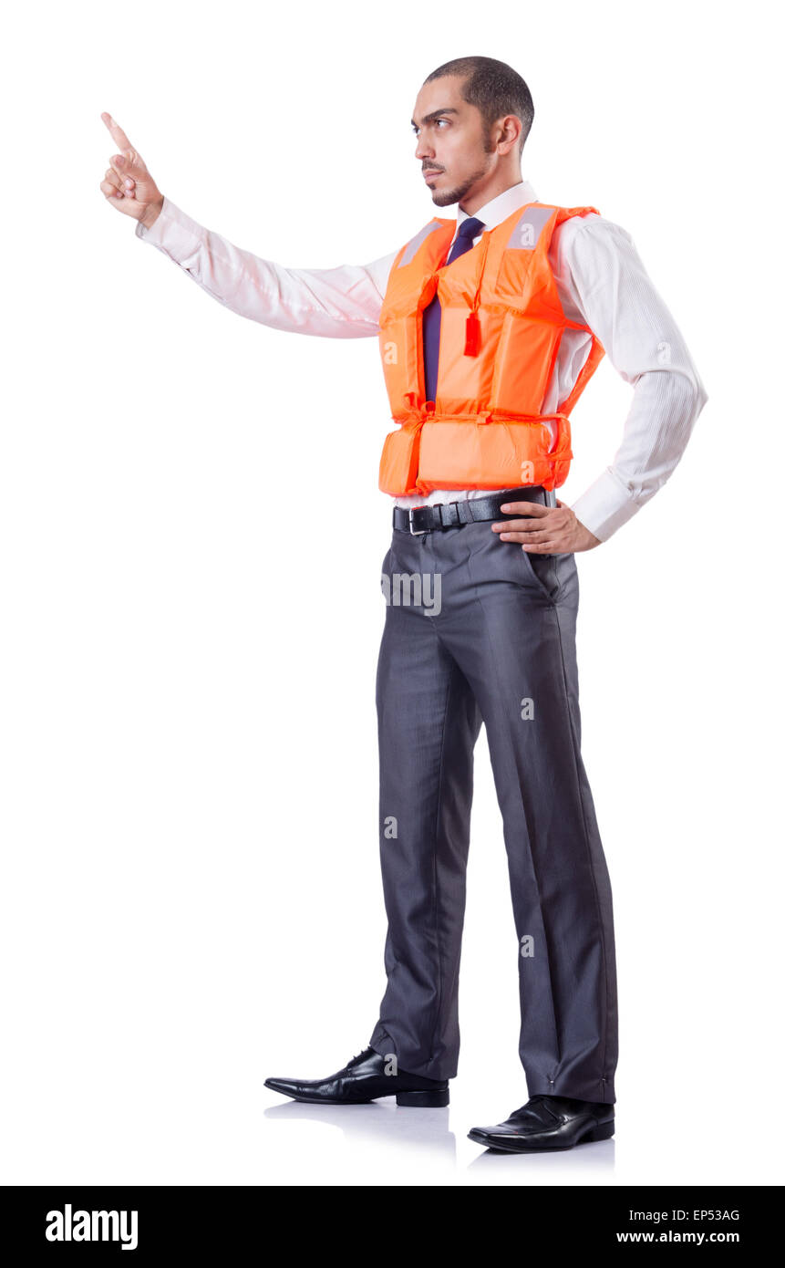 Man in life jacket isolated on white Stock Photo - Alamy