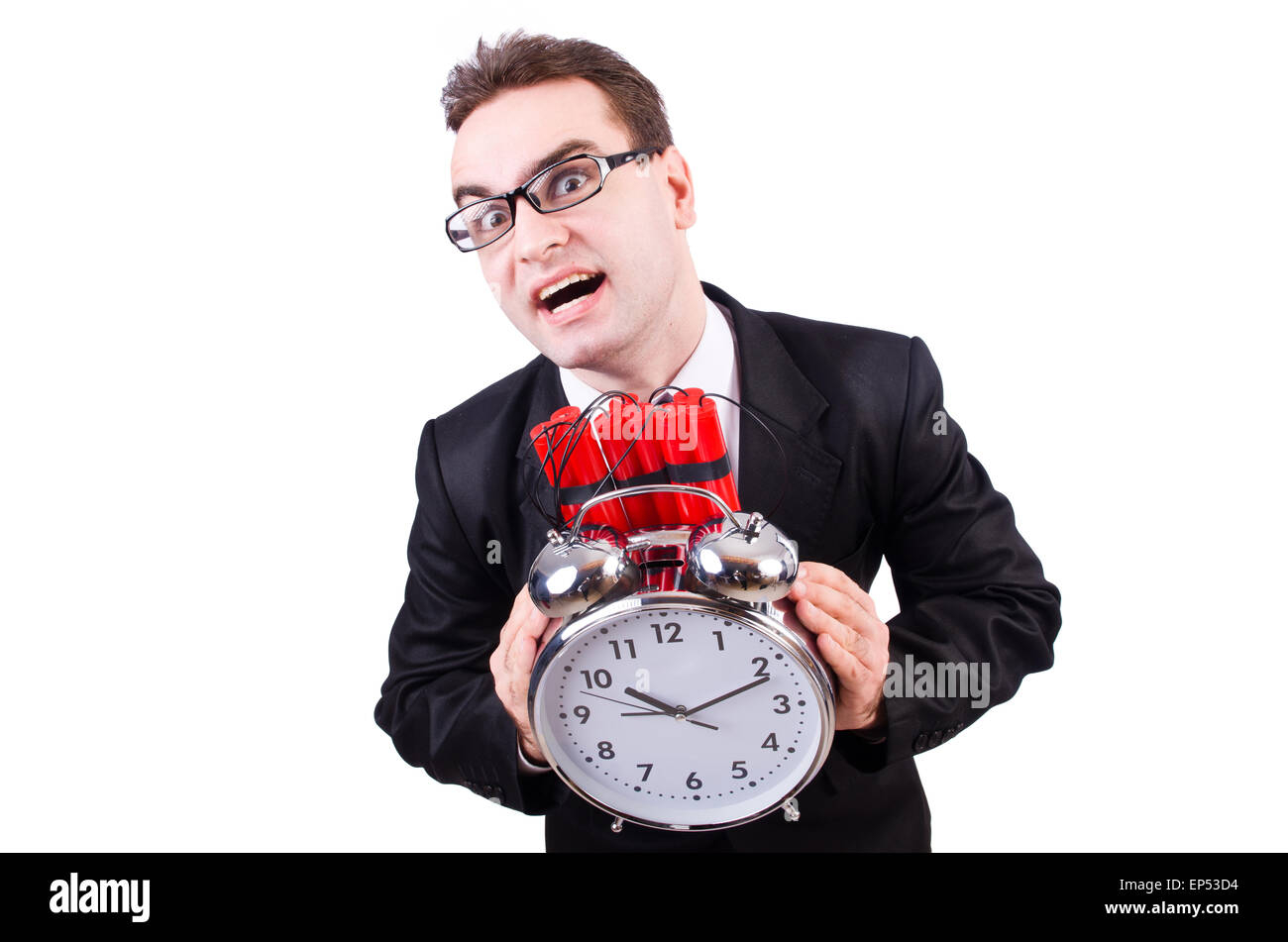 Man with time bomb isolated on white Stock Photo - Alamy
