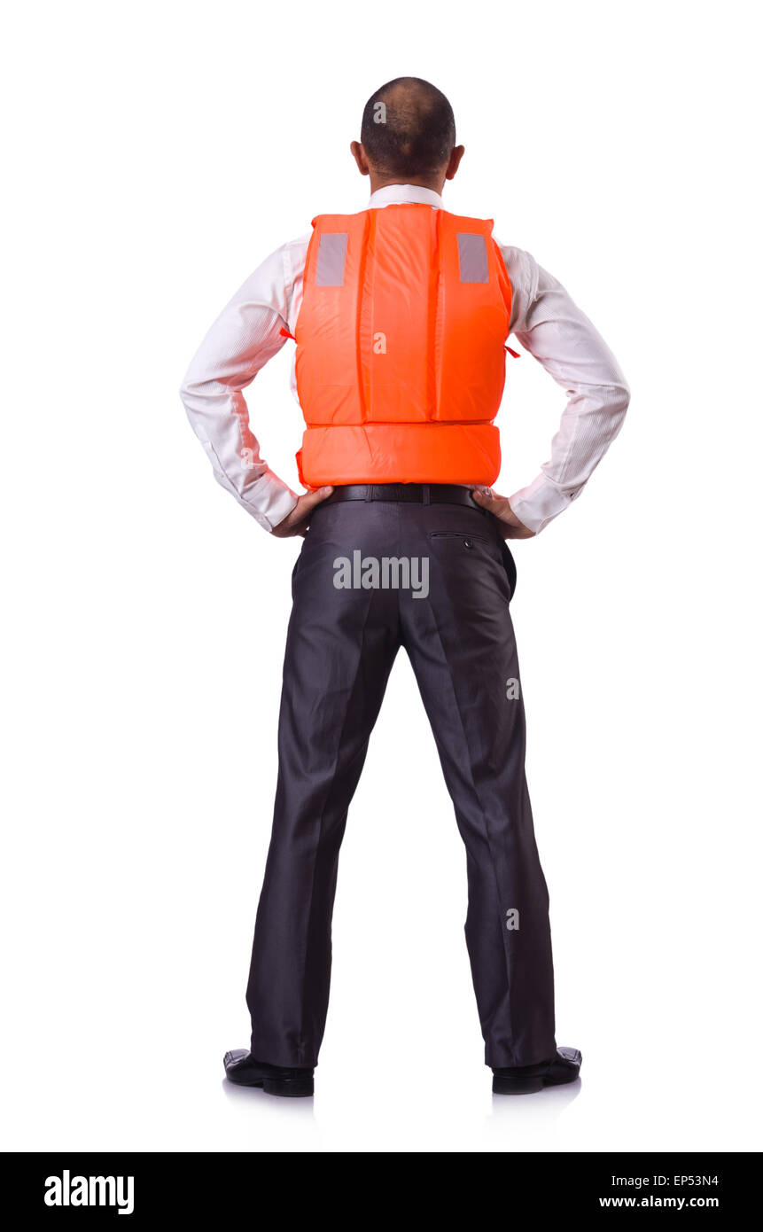 Man in life jacket isolated on white Stock Photo - Alamy