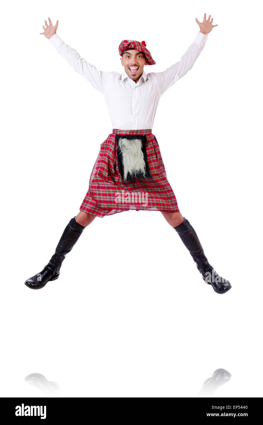 Scottish man dancing on white Stock Photo - Alamy