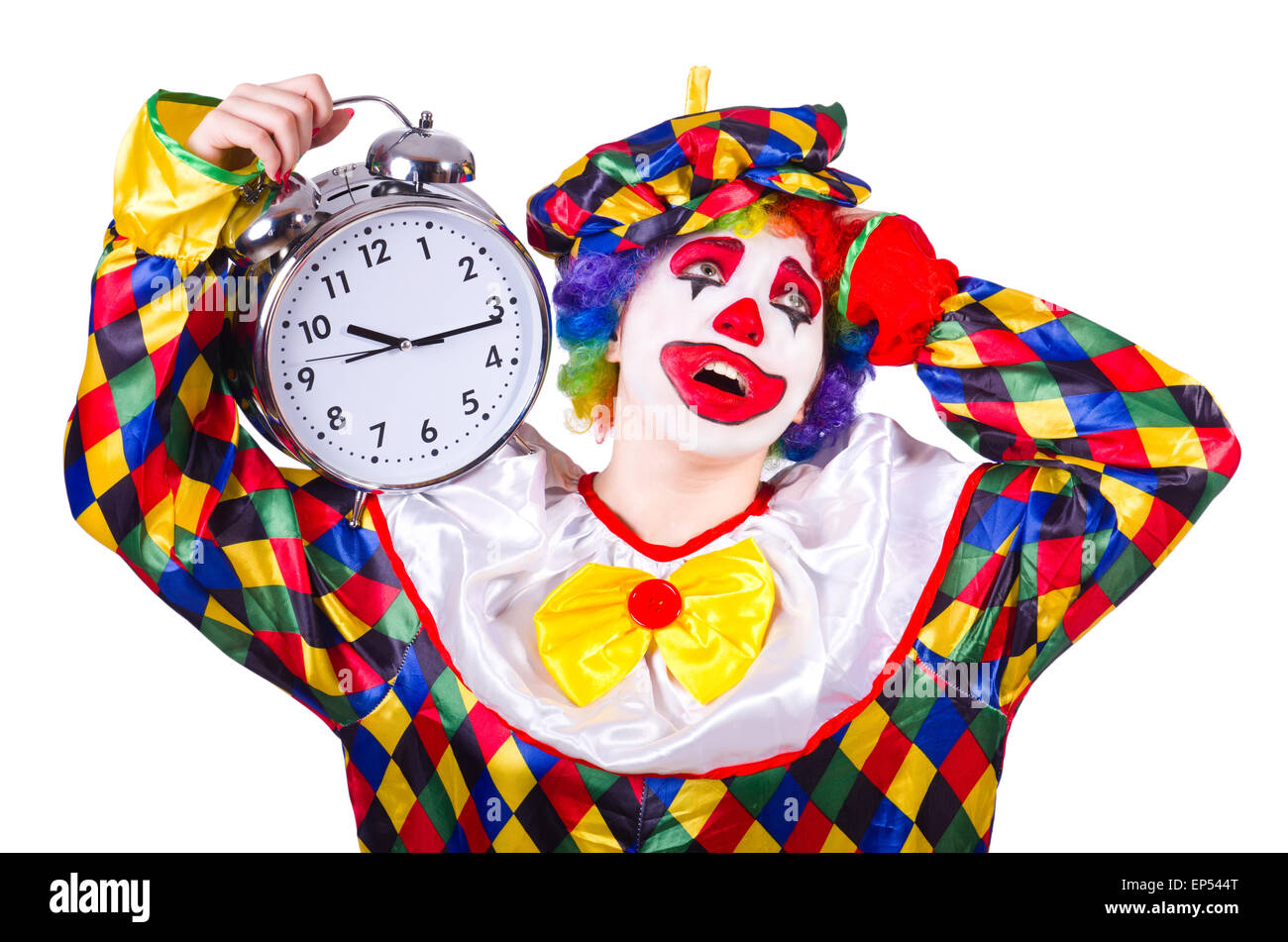 Clown with clock on white Stock Photo - Alamy