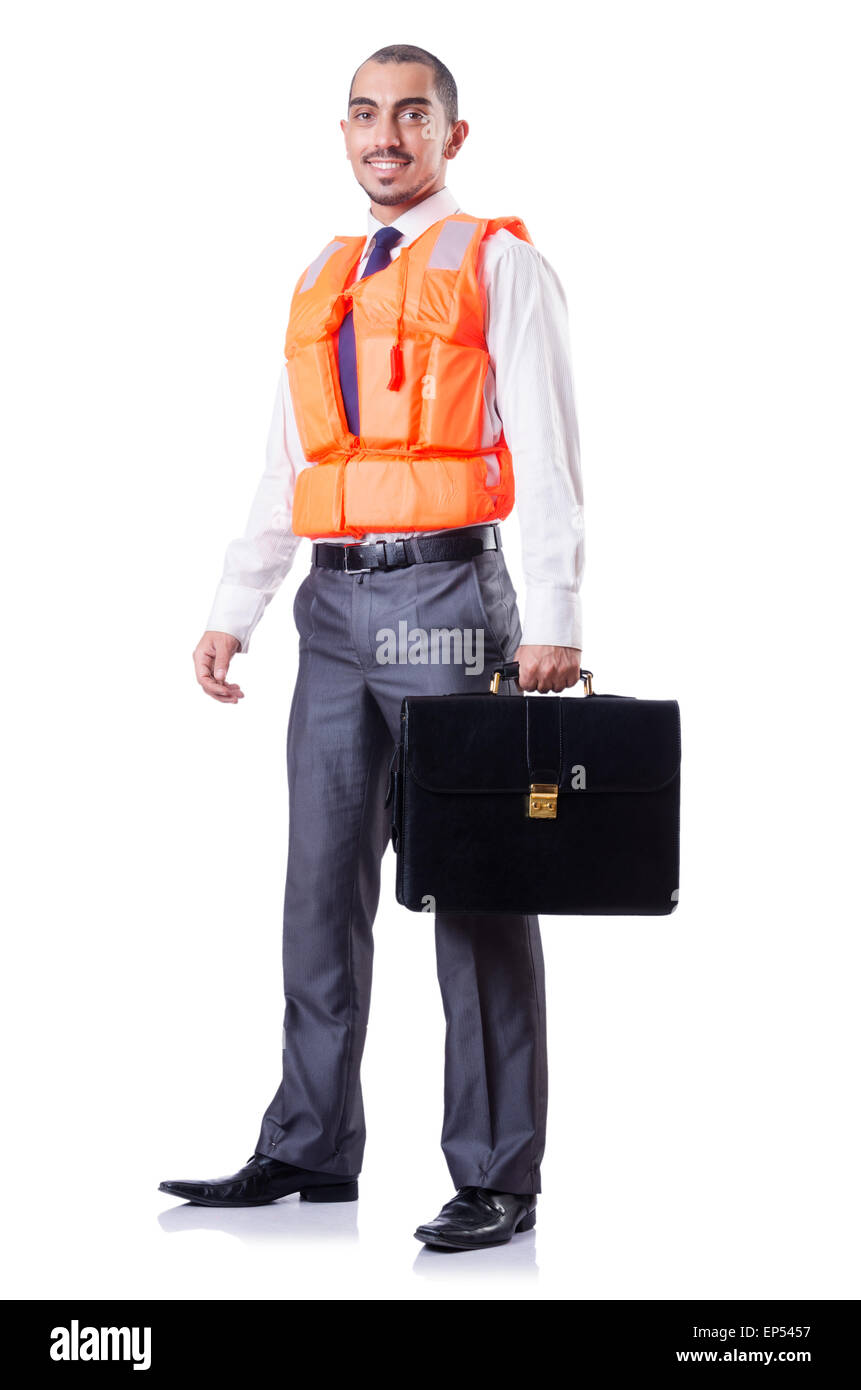 Man in life jacket isolated on white Stock Photo - Alamy