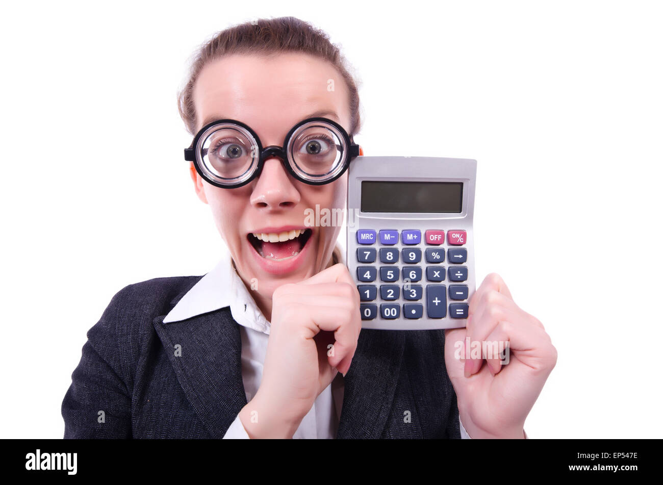 Nerd female accountant with calculator Stock Photo - Alamy