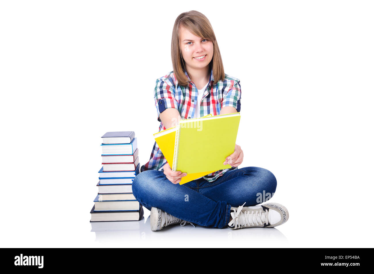 Girl student with books on white Stock Photo - Alamy