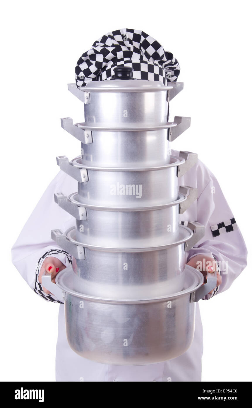 Cook with stack of pots on white Stock Photo - Alamy