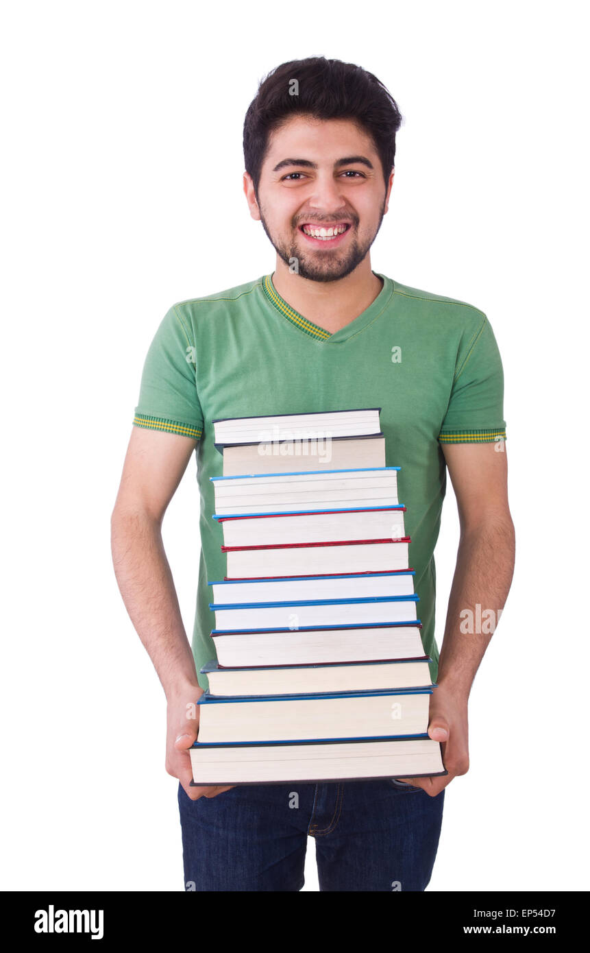 Student with lots of books on white Stock Photo - Alamy