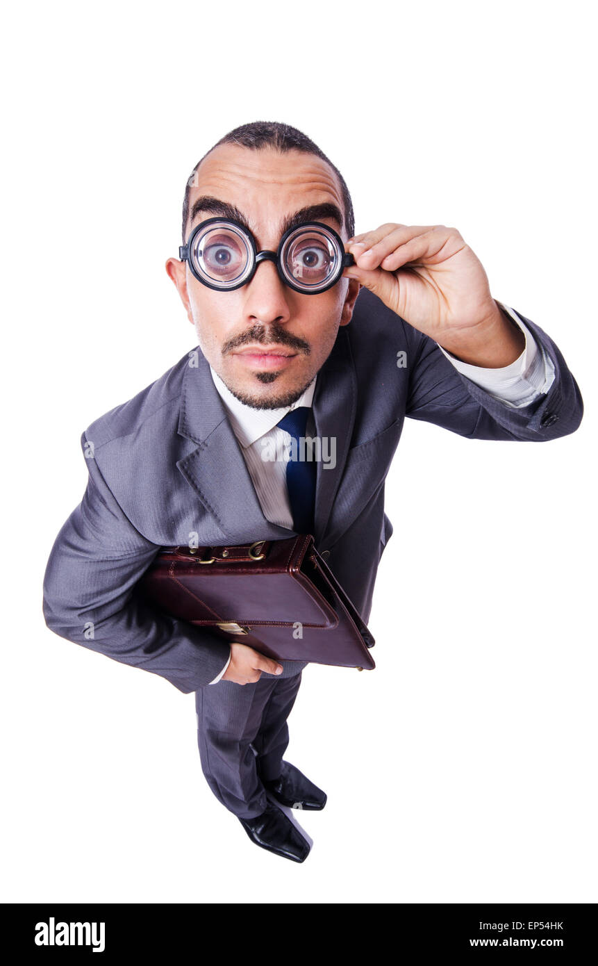 Funny nerd businessman isolated on white Stock Photo - Alamy