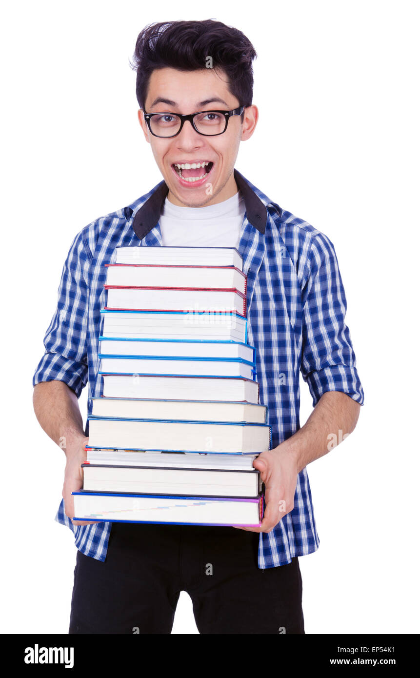 Student with lots of books on white Stock Photo - Alamy