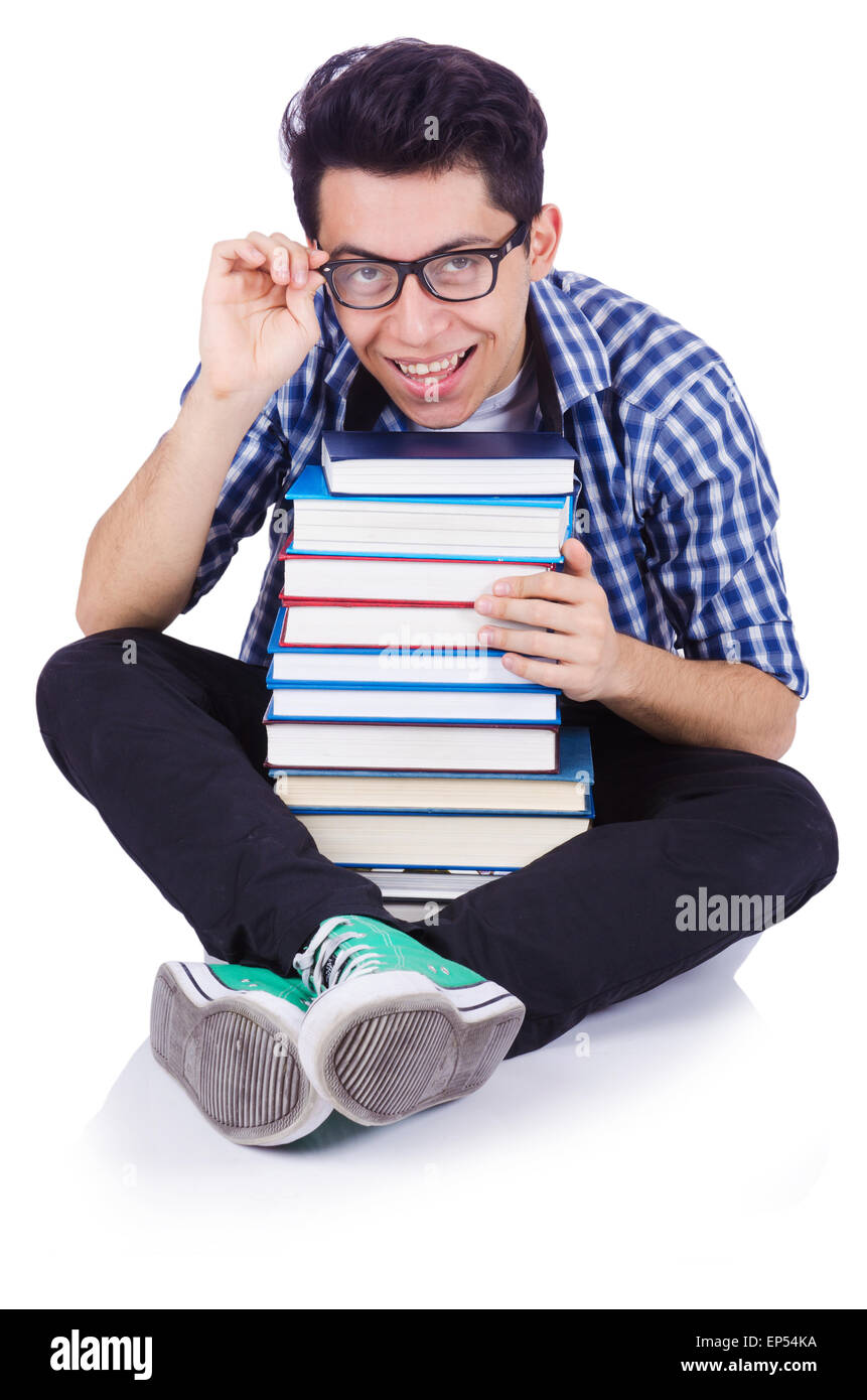 Student with lots of books on white Stock Photo - Alamy