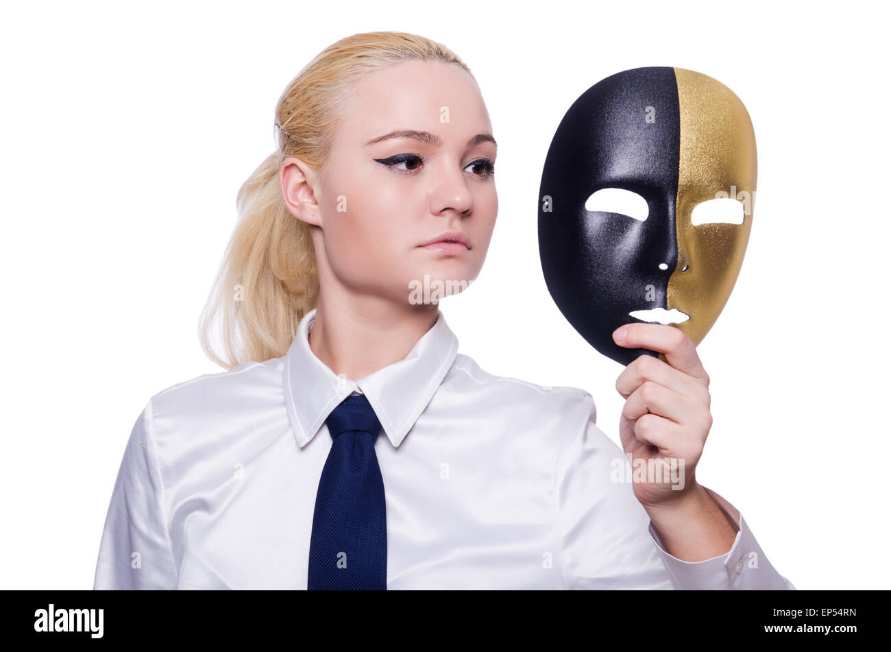 Woman with mask in hypocrisy concept Stock Photo - Alamy
