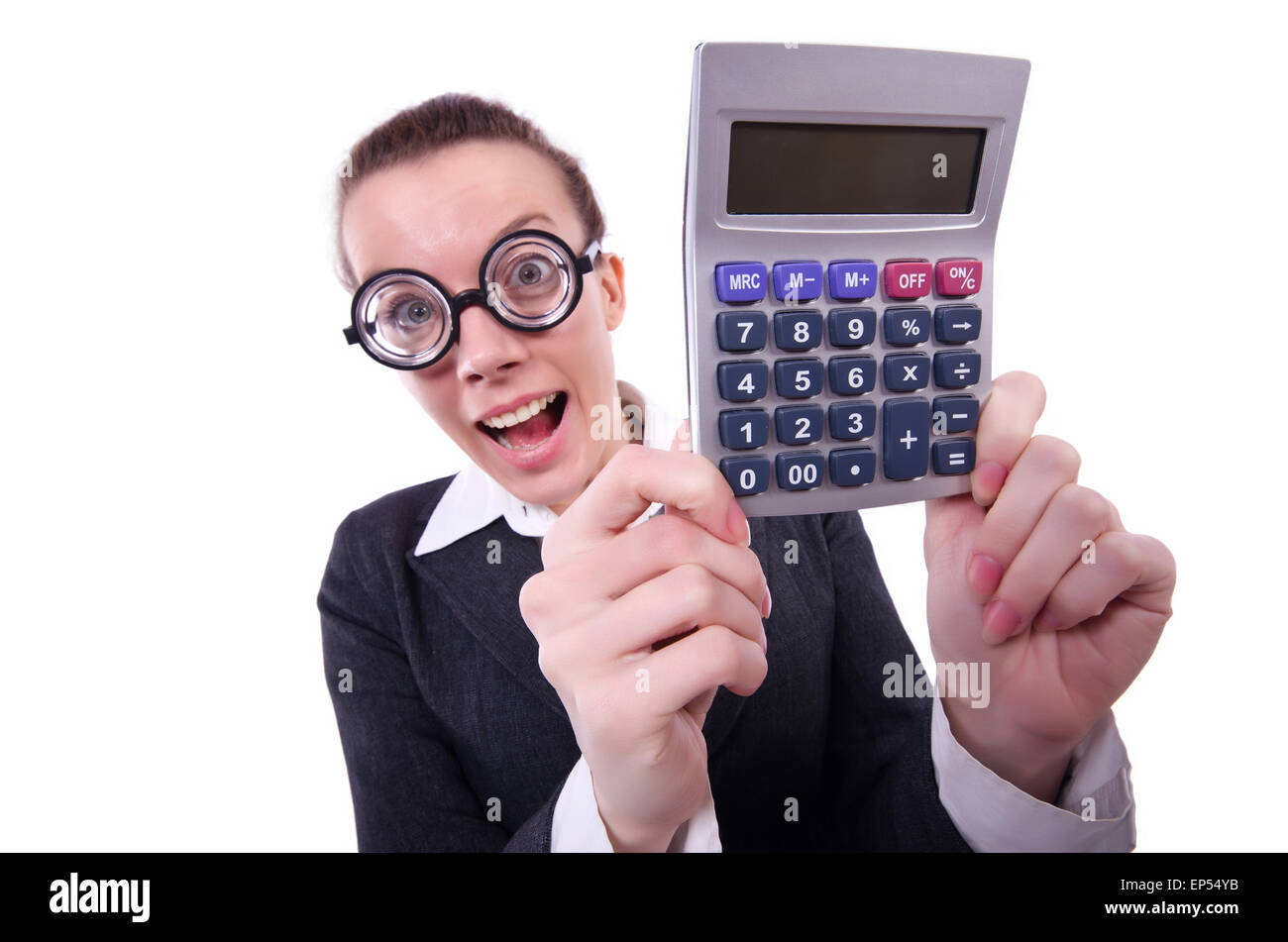 Nerd female accountant with calculator Stock Photo - Alamy