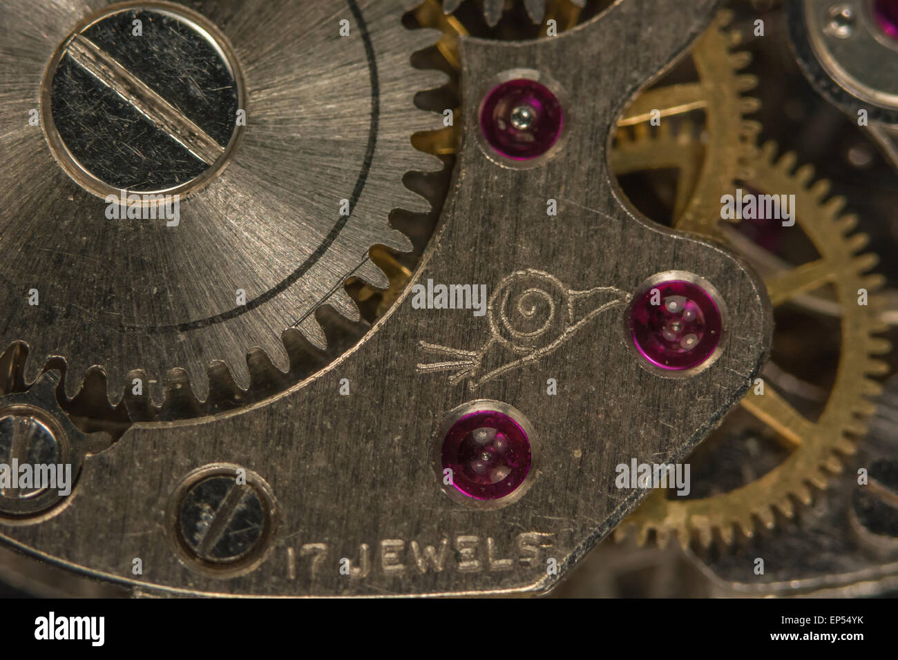 Macro-photo of wristwatch mechanism. Key focus on right hand teeth of ...