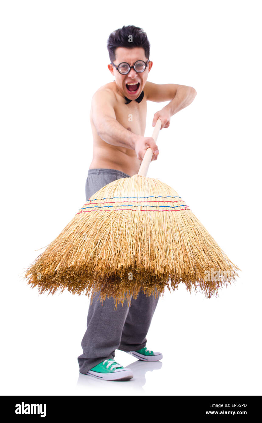 Funny man with broom on white Stock Photo - Alamy