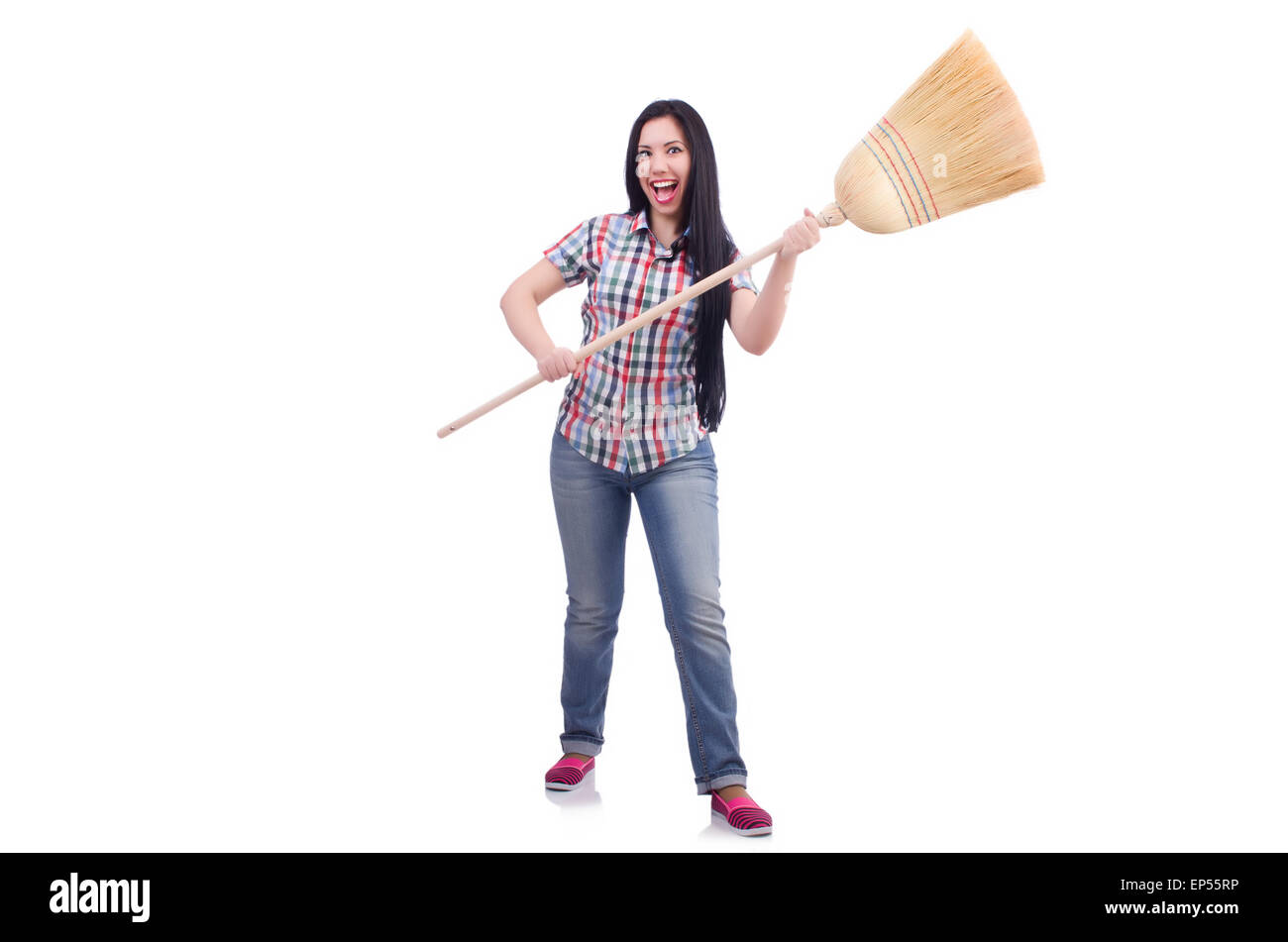 Young woman with broom isolated on white Stock Photo - Alamy