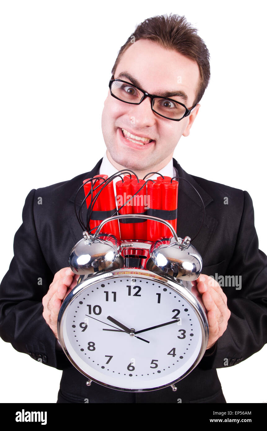 Man with time bomb isolated on white Stock Photo - Alamy