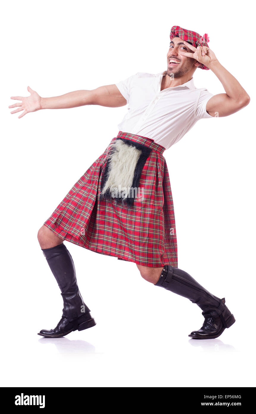 Scottish man dancing on white Stock Photo - Alamy