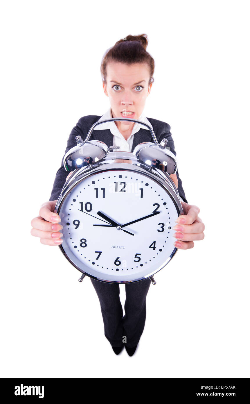 Funny woman with clock on white Stock Photo - Alamy