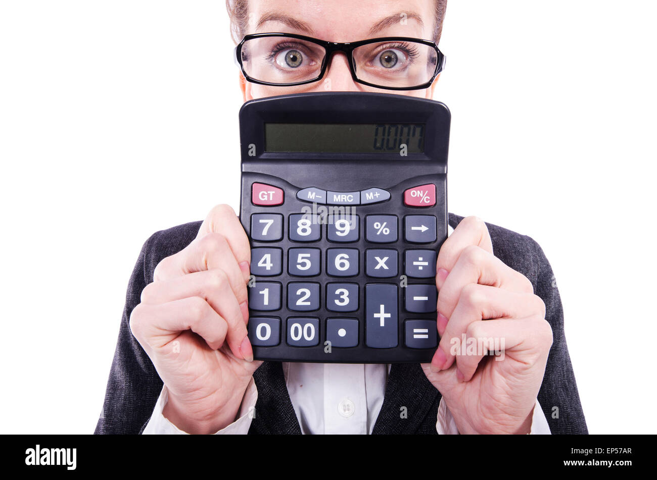 Funny accountant with calculator on white Stock Photo - Alamy
