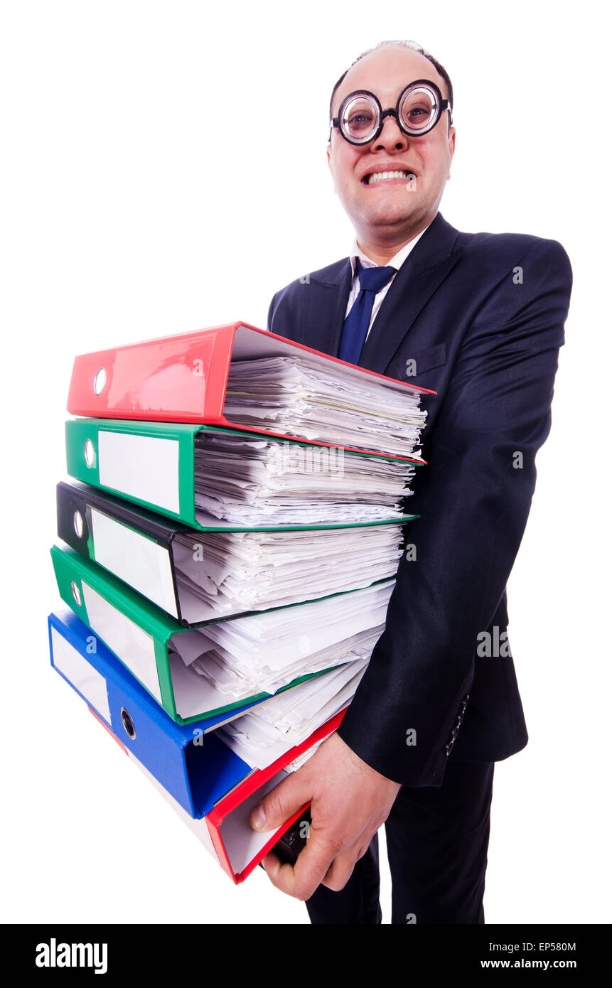 Funny man with lots of folders on white Stock Photo - Alamy