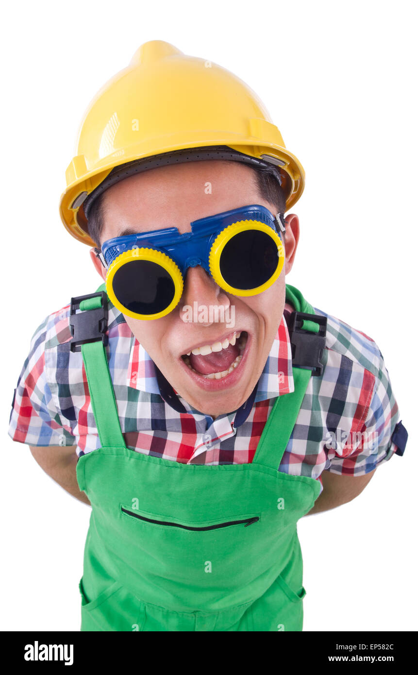Funny construction worker isolated on white Stock Photo - Alamy