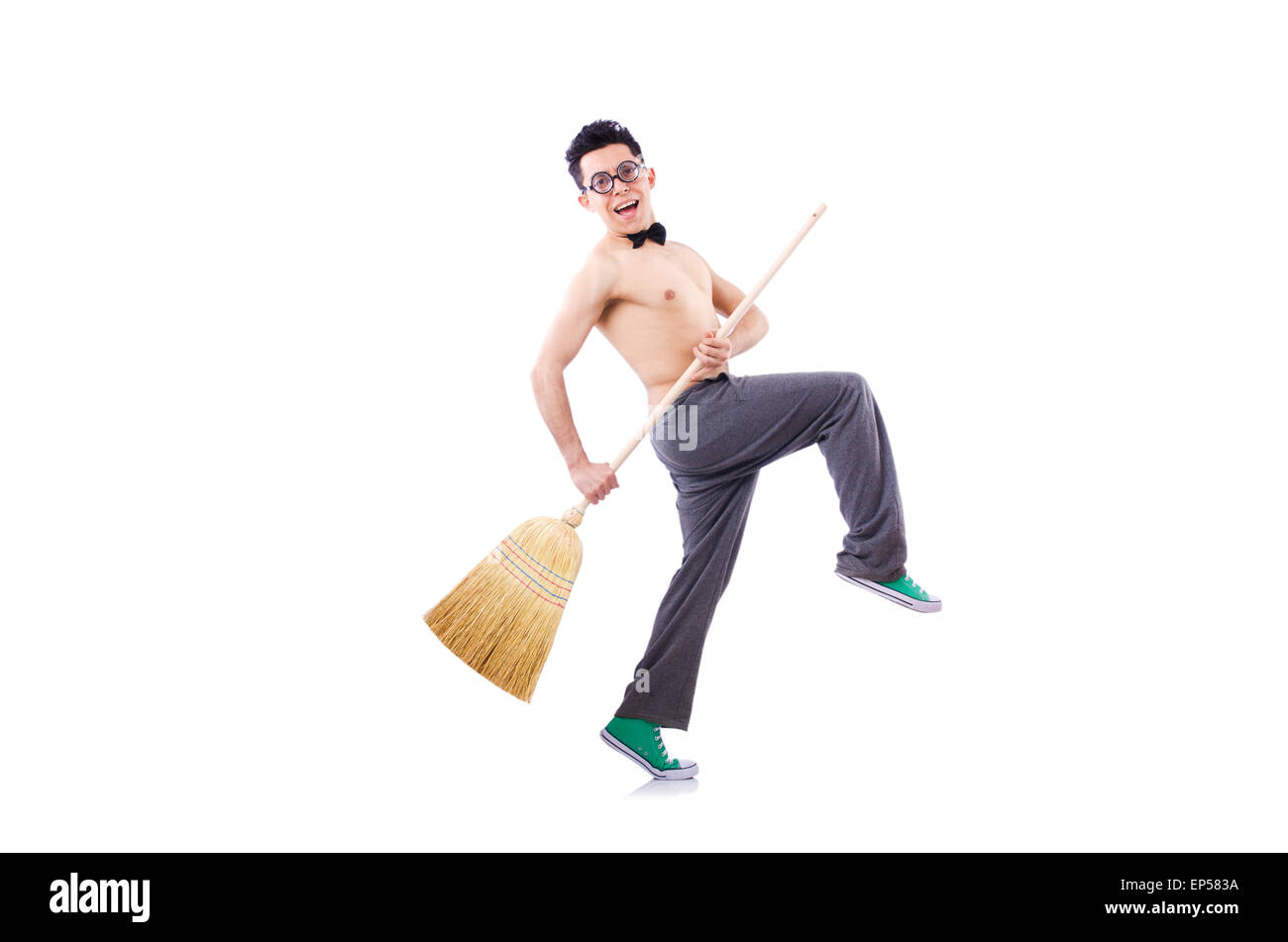 Funny man with broom on white Stock Photo - Alamy