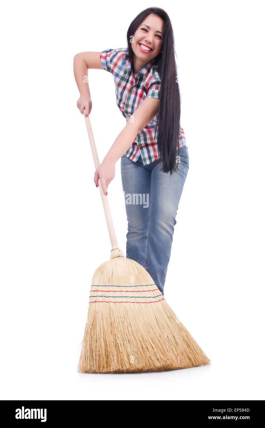 Young woman with broom isolated on white Stock Photo - Alamy
