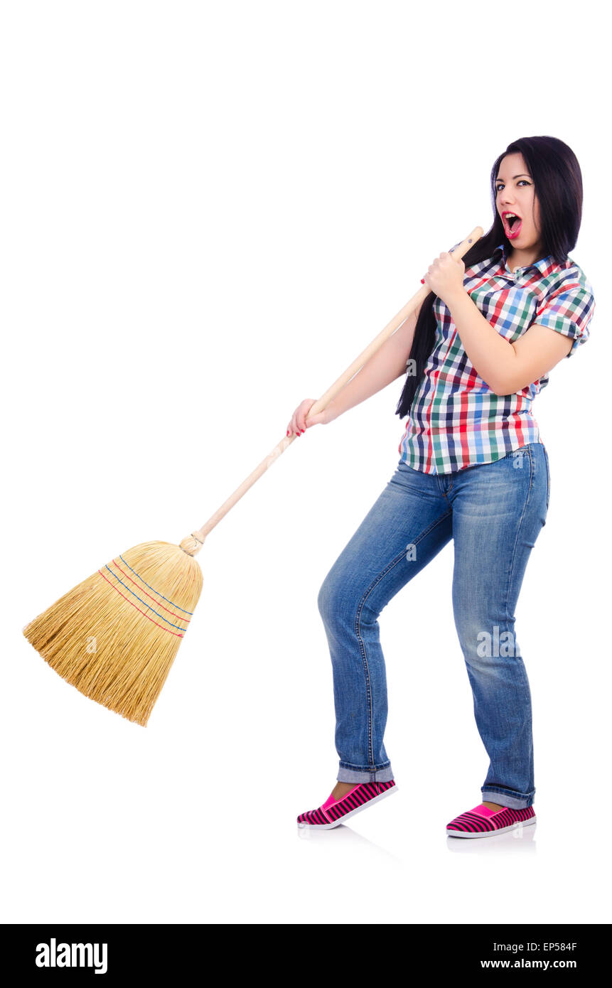 Young woman with broom isolated on white Stock Photo - Alamy