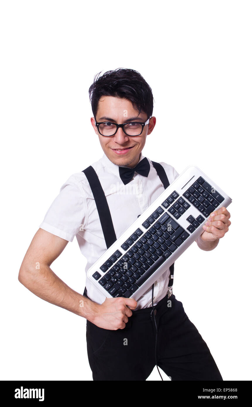 Nerd hacker with computer keyboard on white Stock Photo - Alamy