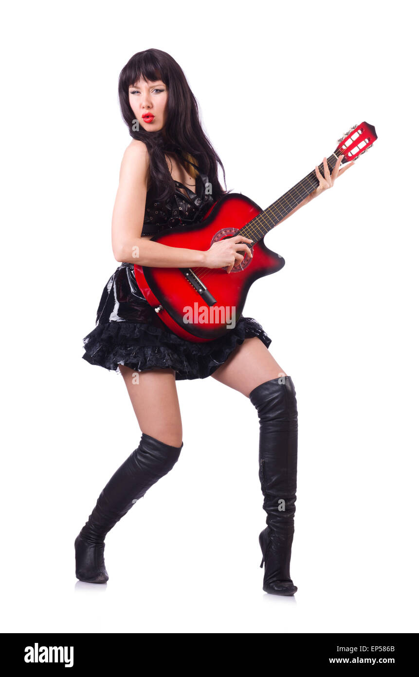 Young singer in leather costume with guitar Stock Photo - Alamy