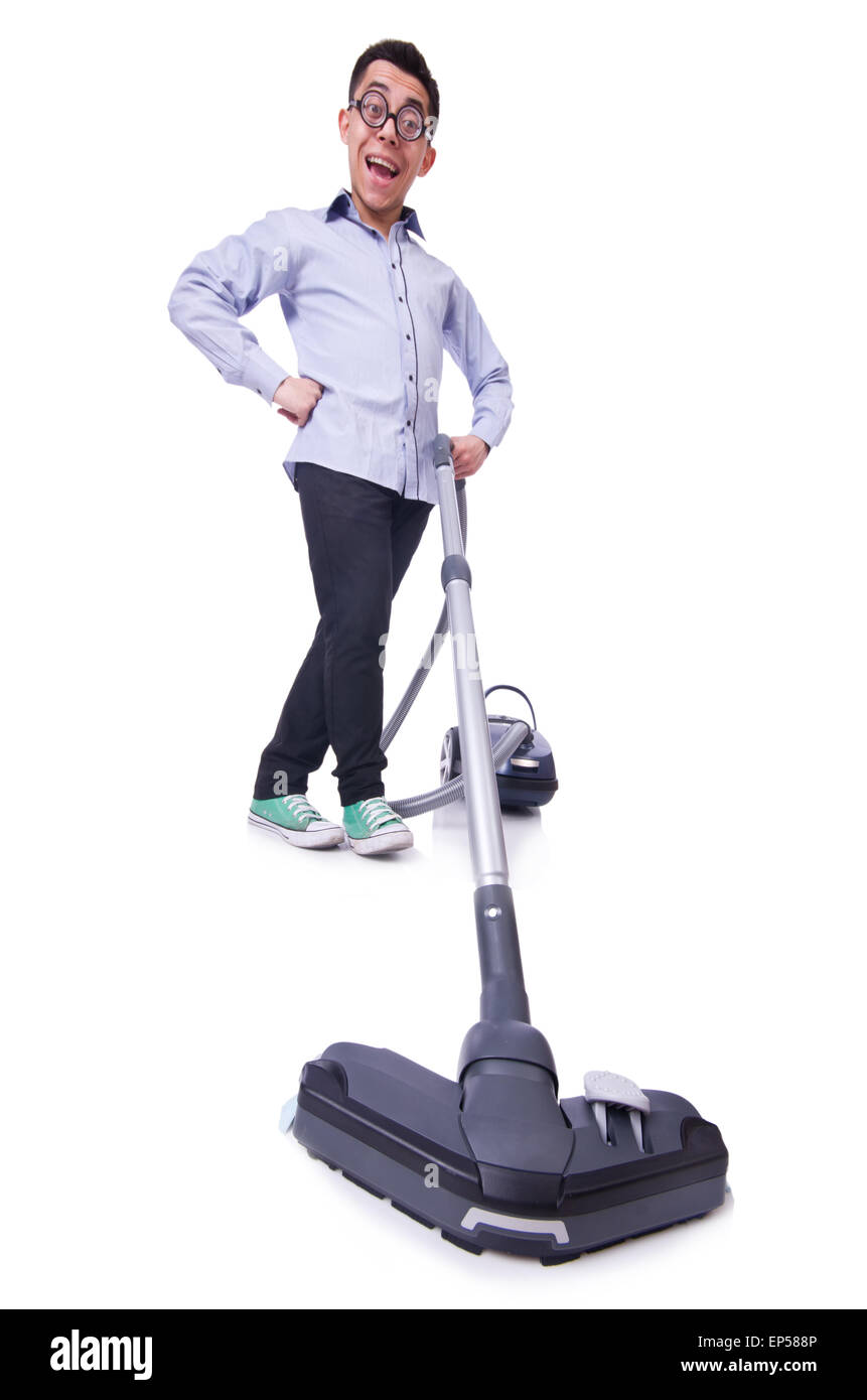 Funny man with vacuum cleaner on white Stock Photo - Alamy