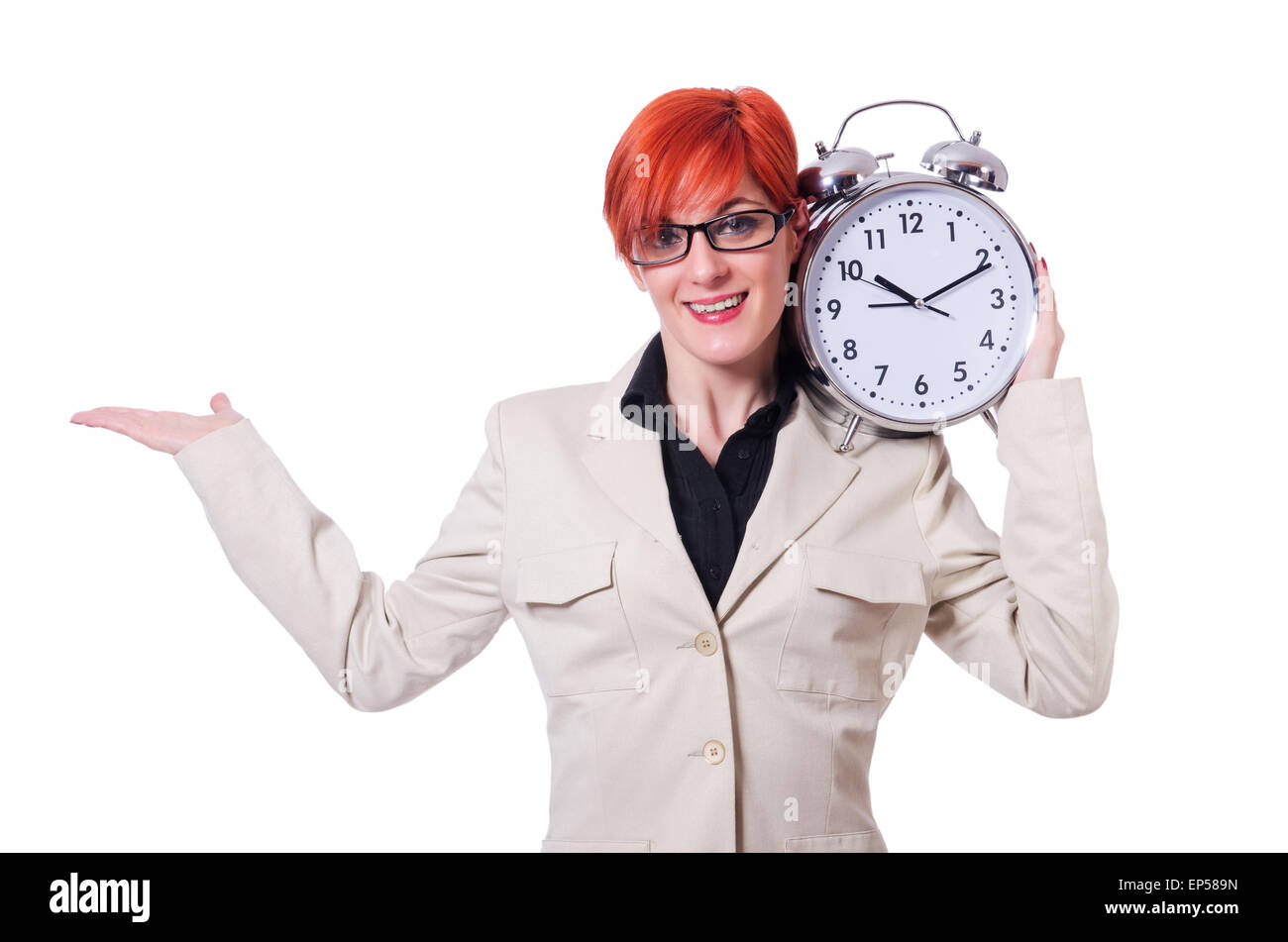 Woman with clock isolated on white Stock Photo - Alamy