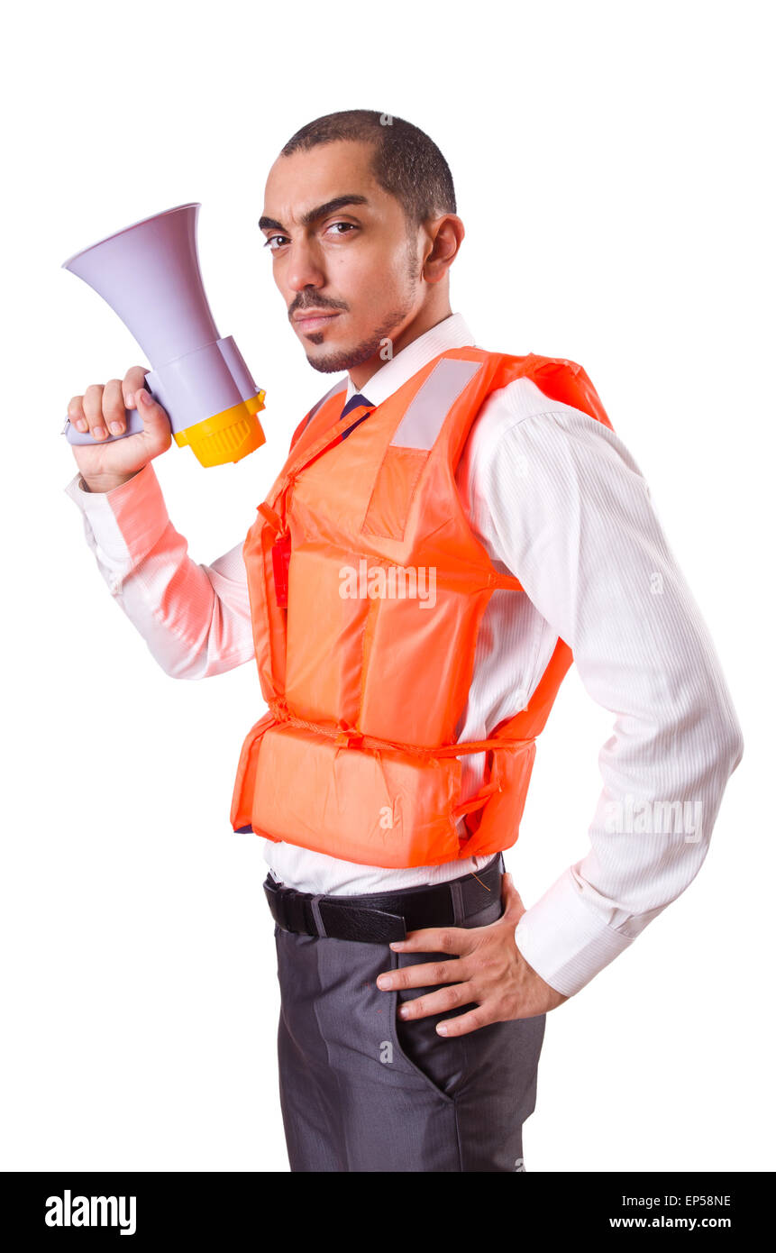 Man in life jacket isolated on white Stock Photo - Alamy