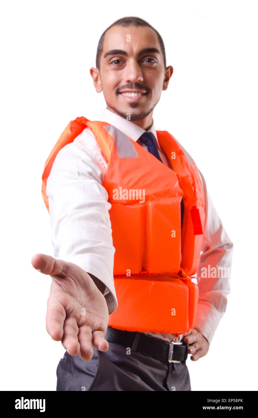 Man in life jacket isolated on white Stock Photo - Alamy