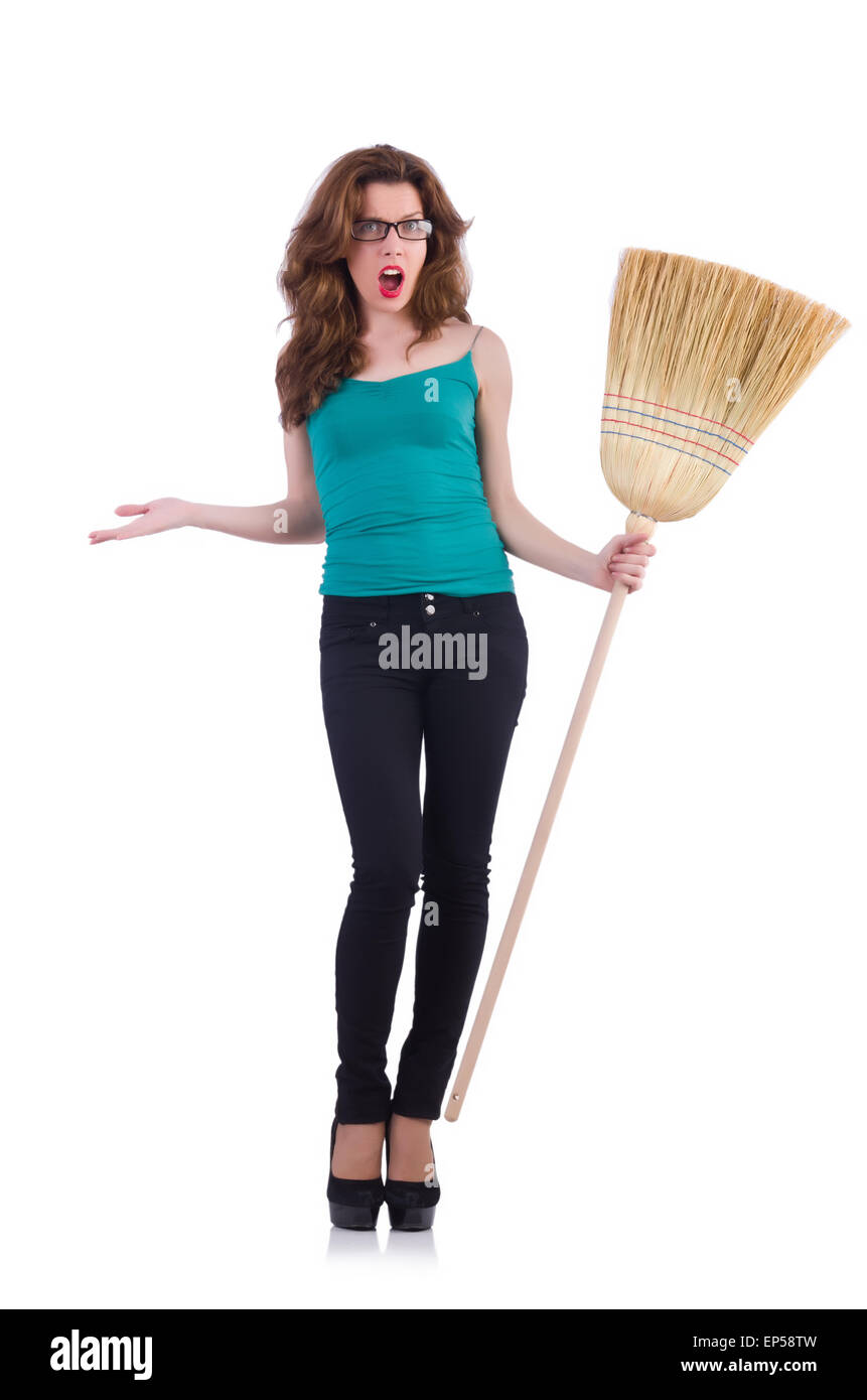 Young woman with broom isolated on white Stock Photo - Alamy