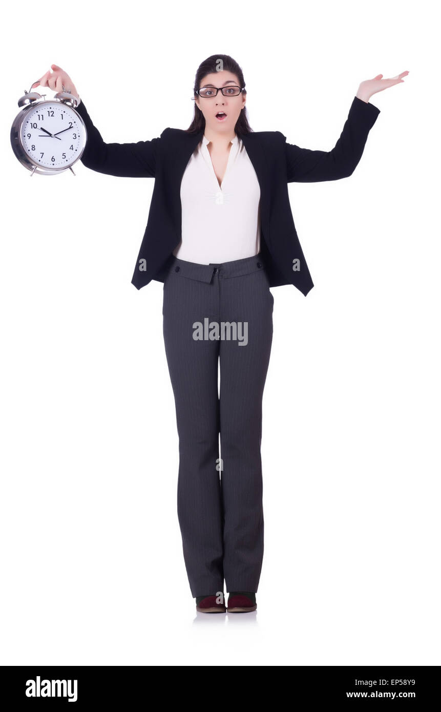Woman with clock isolated on white Stock Photo - Alamy