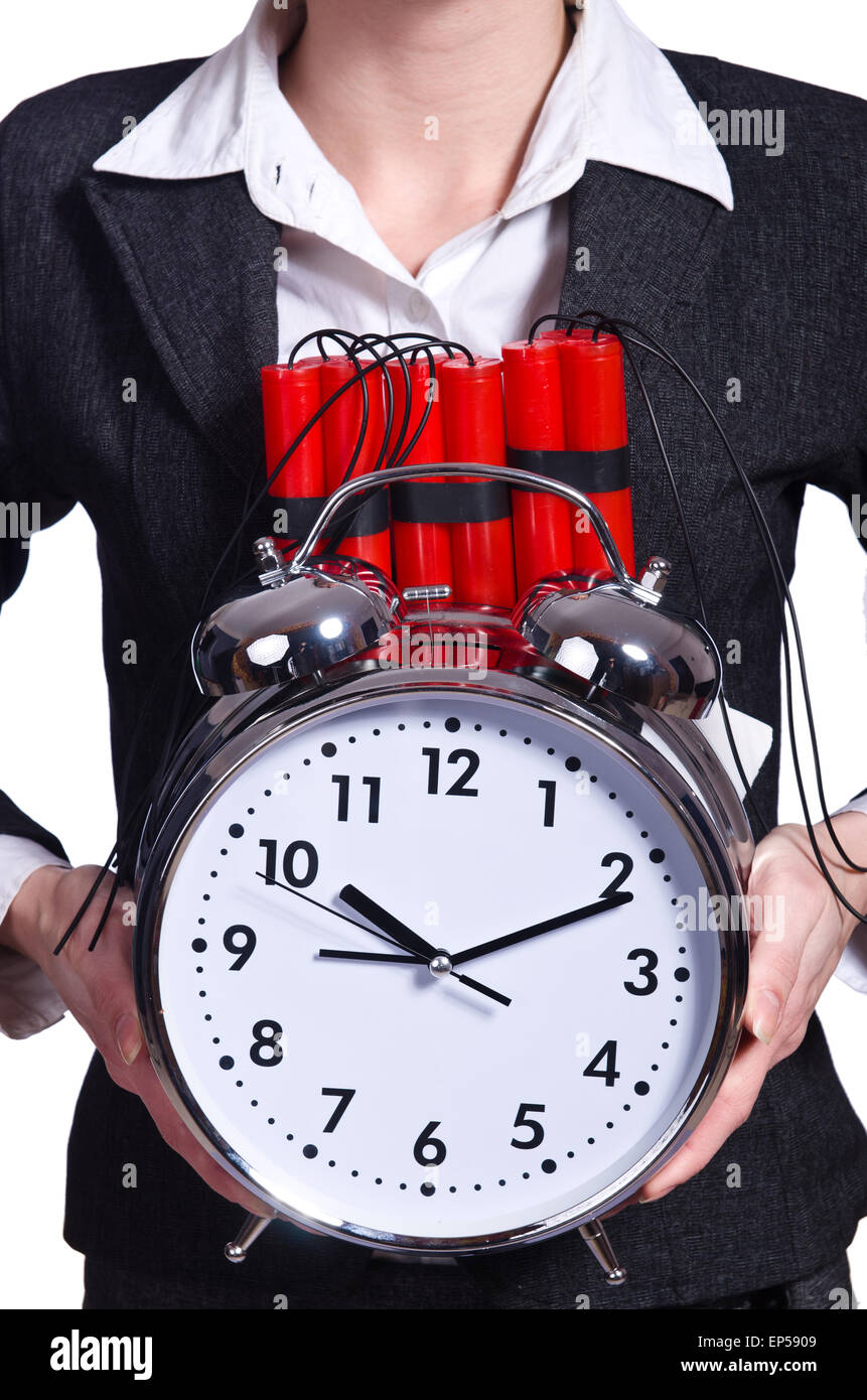Woman with dynamite and clock on white Stock Photo - Alamy